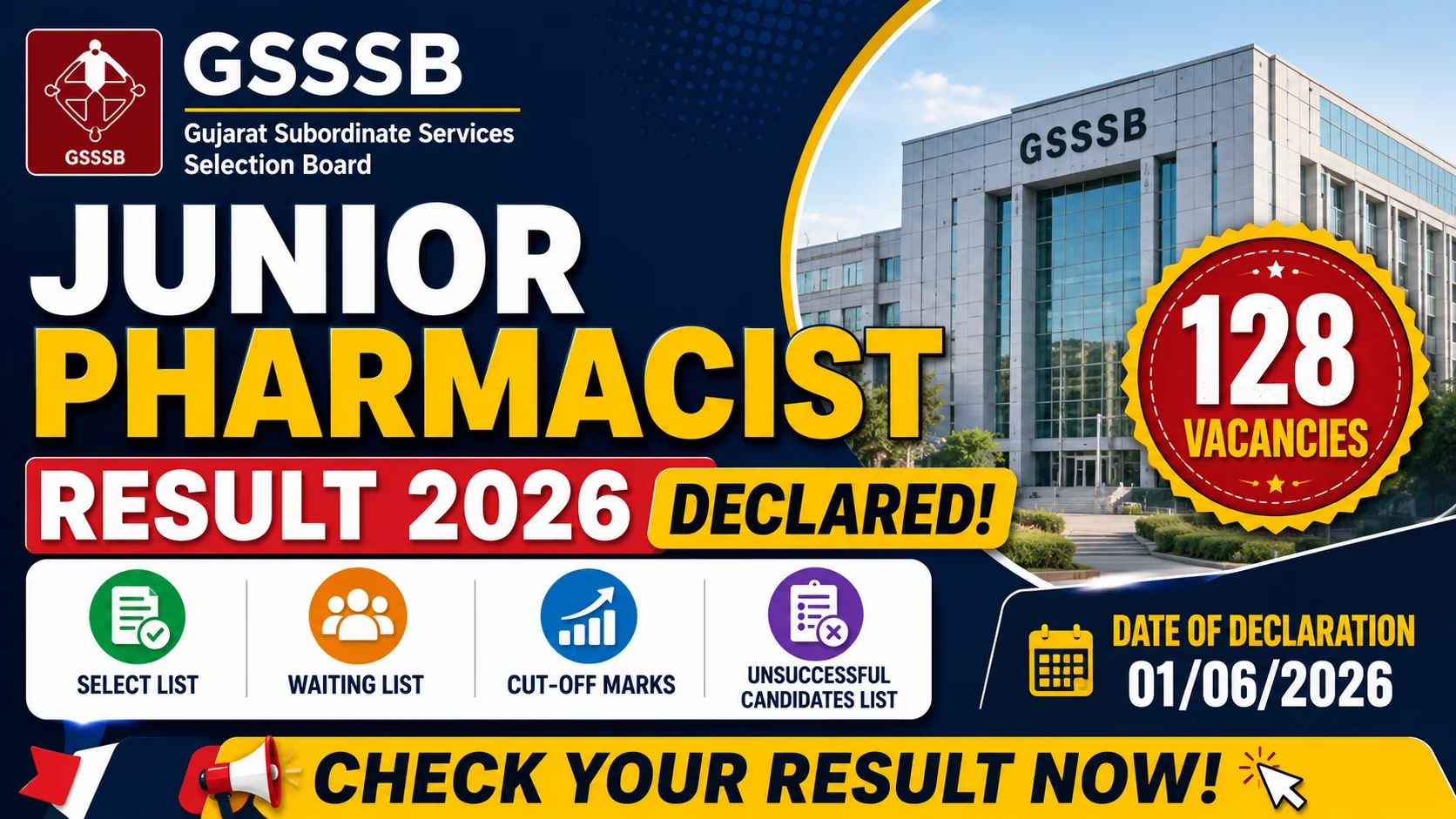 GSSSB Junior Pharmacist Result 2026 Declared: Select List, Waiting List ...